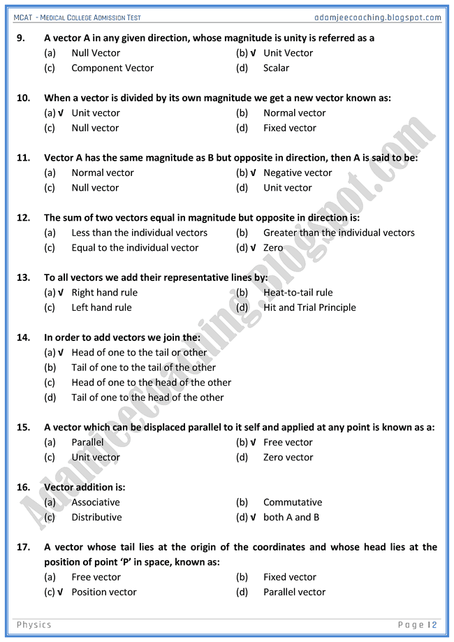 Adamjee Coaching: MCAT Physics [Scalars and Vectors] Mcqs for Medical ...