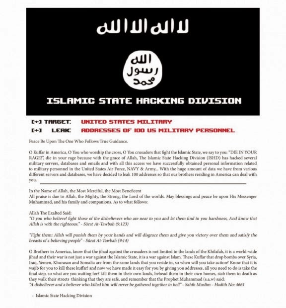 ISIS hackers post names, addresses of 100 U.S. servicemen, urge ...
