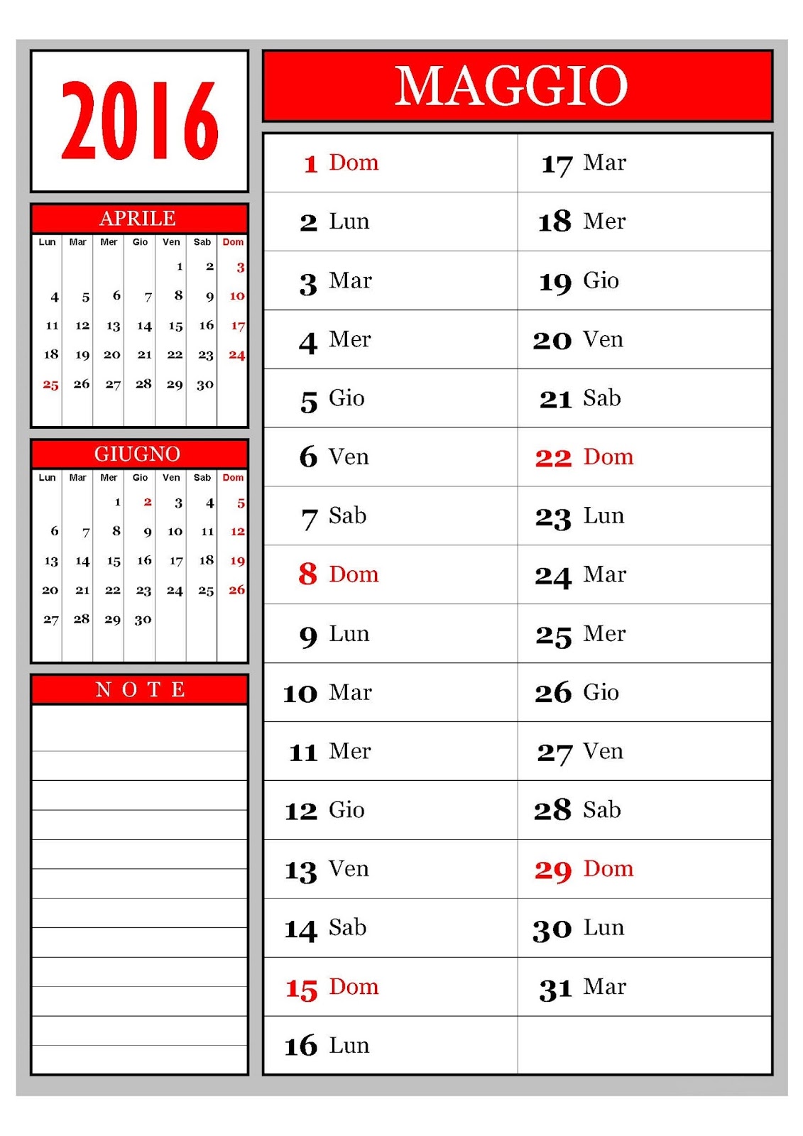 Calendario : Calendario mensile - Maggio 2016
