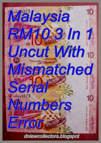 MALAYSIA RM10-3 IN 1 UNCUT MISMATCHED SERIAL NUMBERS | Error coins