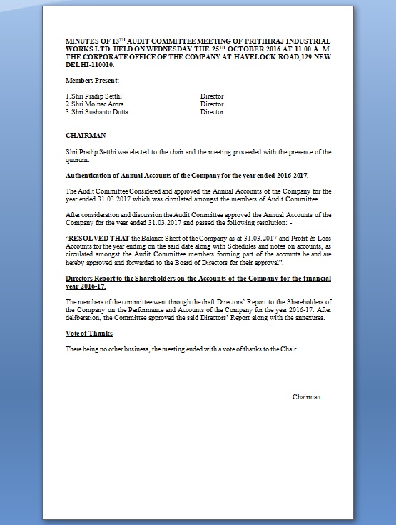 Audit Committee Minutes of Meeting Sample