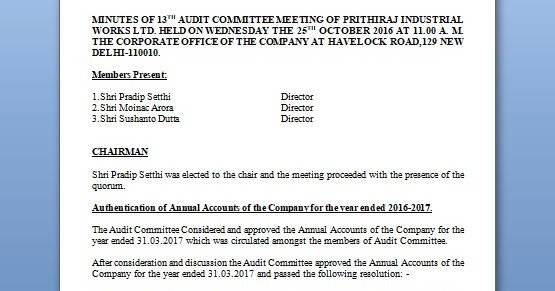 Audit Committee Minutes of Meeting Sample