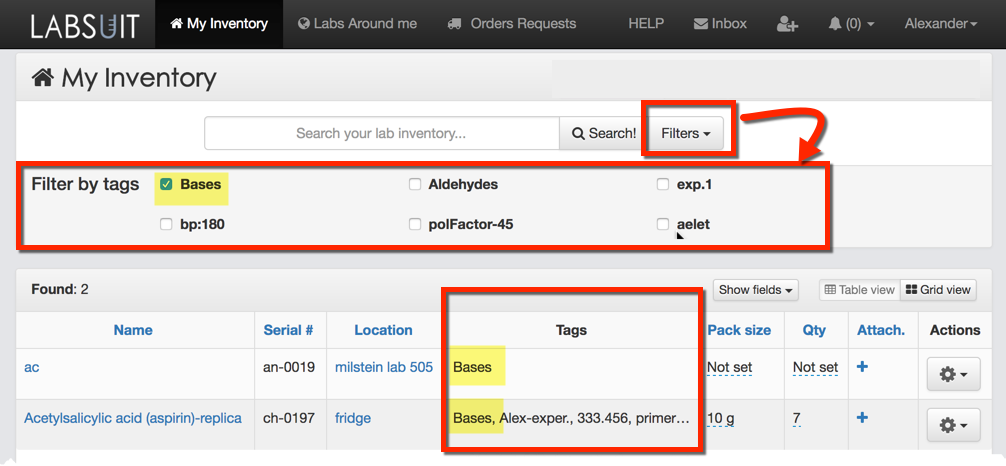 LabSuit Support: Organizing Inventory items into custom list by using tags