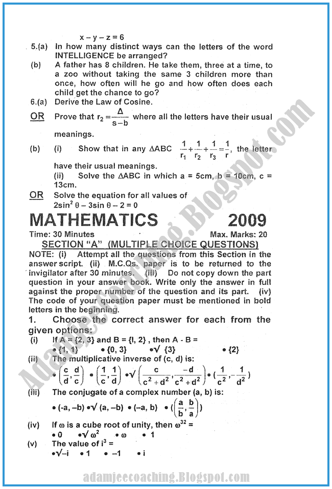 Adamjee Coaching: Mathematics 2009 - Past Year Paper - Class XI Adamjee Coaching: Mathematics 2009 - Past Year Paper - Class XI