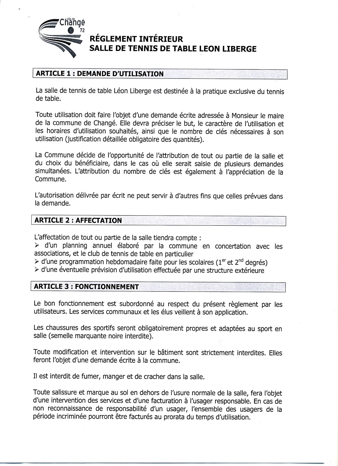 Tennis de Table Changé 72: Règlement intérieur de la salle Léon Liberge