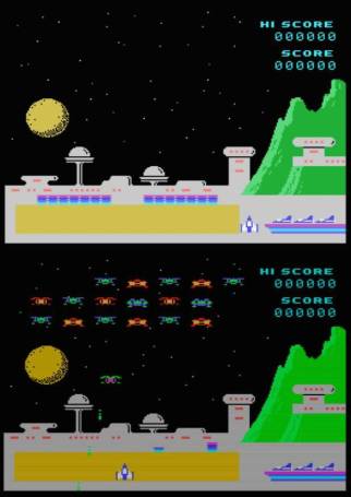 A formação é mais ou menos como em Space Invaders, só que em três ...