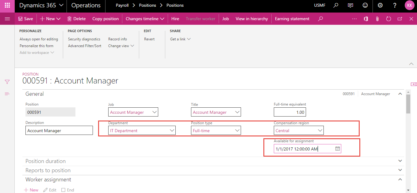 Dynamic 365 Finance and Operations: Create Position in Dynamics365 (AX7)