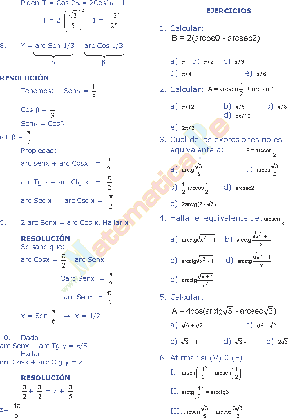 FUNCIONES TRIGONOMÉTRICAS INVERSAS EJERCICIOS RESUELTOS DE ...