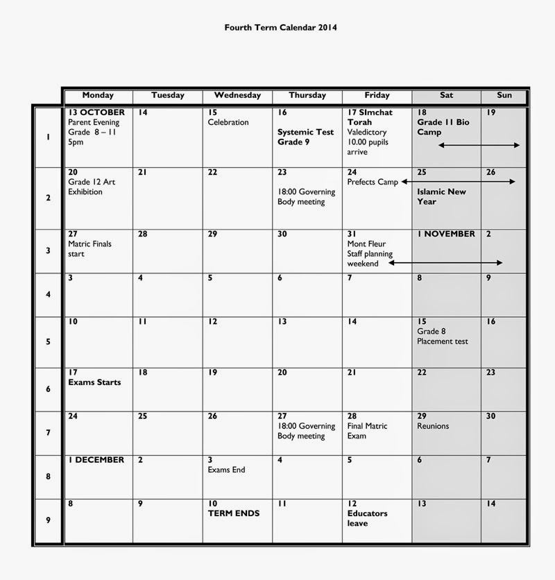 Camps Bay High School: CBHS Events Calendar - Third & Fourth Terms '14