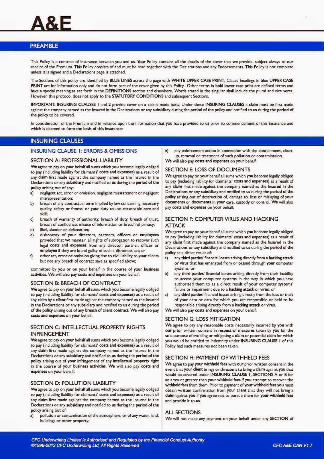 Parents for Safe Schools: Wording for A&E Insurance Policy