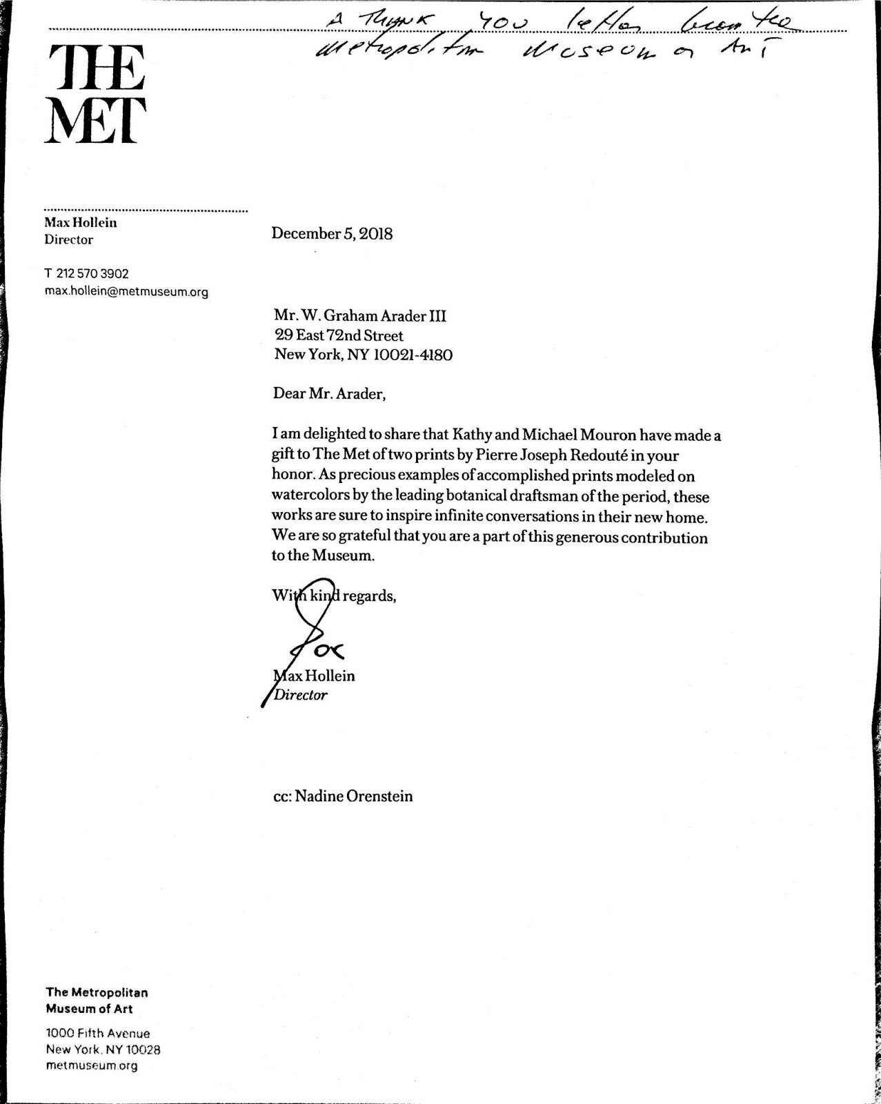 A Thank You letter from the Metropolitan Museum of Art