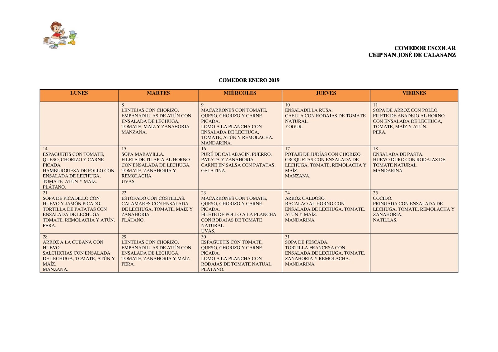 COLE DE ZAGRA: MENÚ COMEDOR ESCOLAR