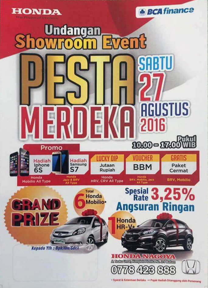 Showroom Event Honda Nagoya 27 Agustus, Pesta Merdeka dan Grand Prize ...