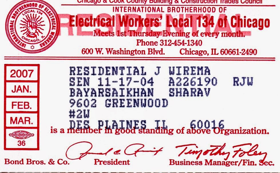 Electric Work: I.B.E.W. Union Local Number 134 Membership Card