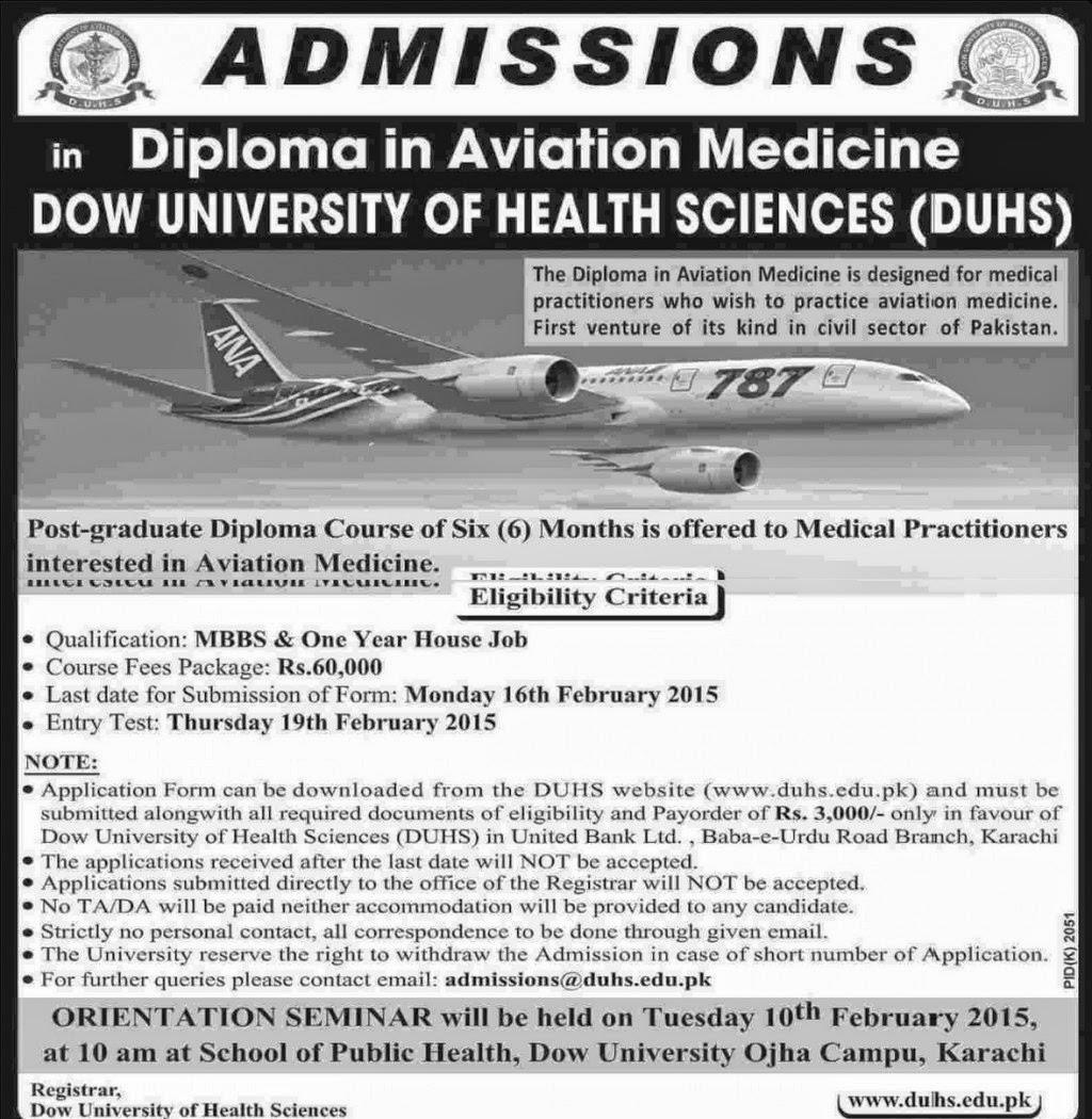 Admissions in Diploma in Aviation Medicine DOW UNIVERSITY OF HEALTH ...