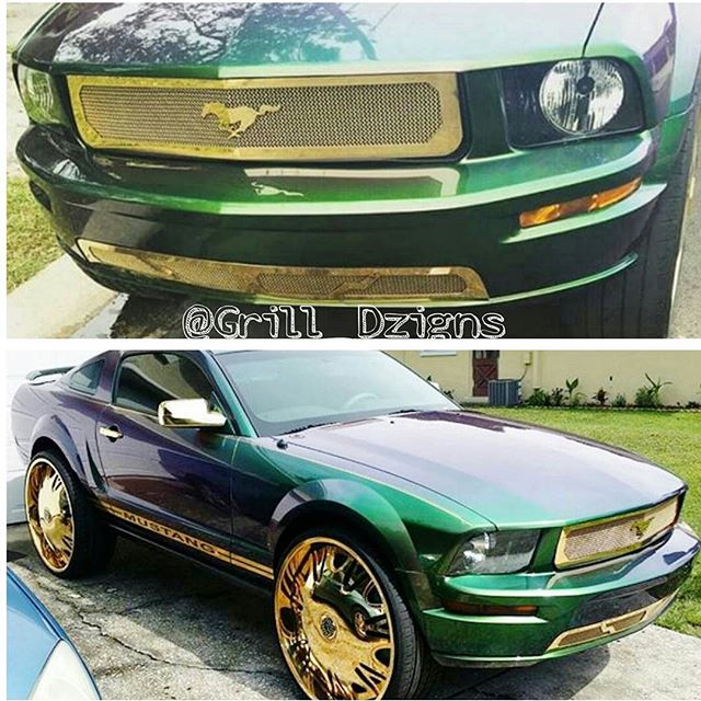 Ace-1: Gold Ford Mustang on 28's Floaters Grille Done by GRILL DZIGNS