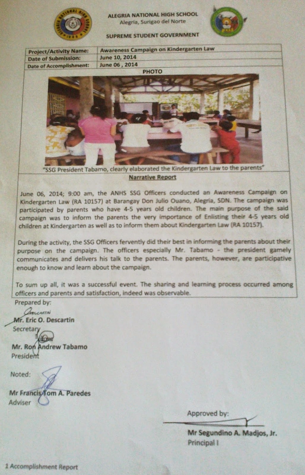 ANHS - SSG: Accomplishment Report