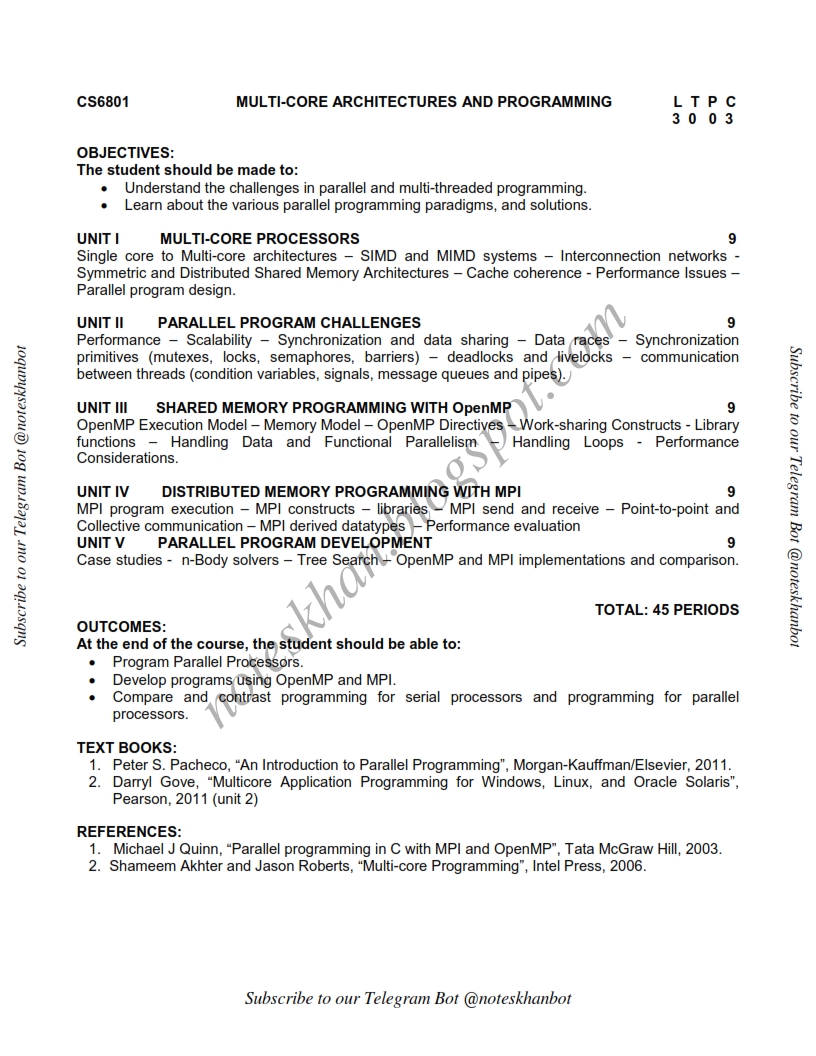 Cs6801 Multi Core Architectures And Programming Syllabus Semester Viii Cse Be Anna University