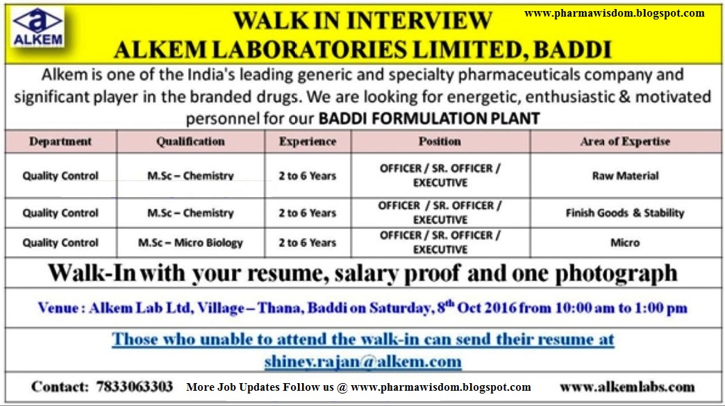 ALKEM LABORATORIES LIMITED - Walk-In Interview on 8th October, 2016 ...