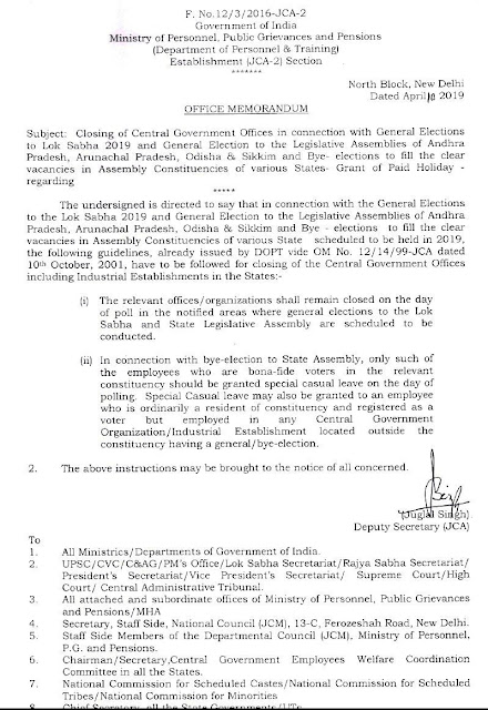Closing of Central Govt. offices in c/w General Election to Lok Sabha ...