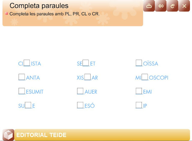 Aprenc valencià!: Completa les paraules amb PL, PR, CL o CR