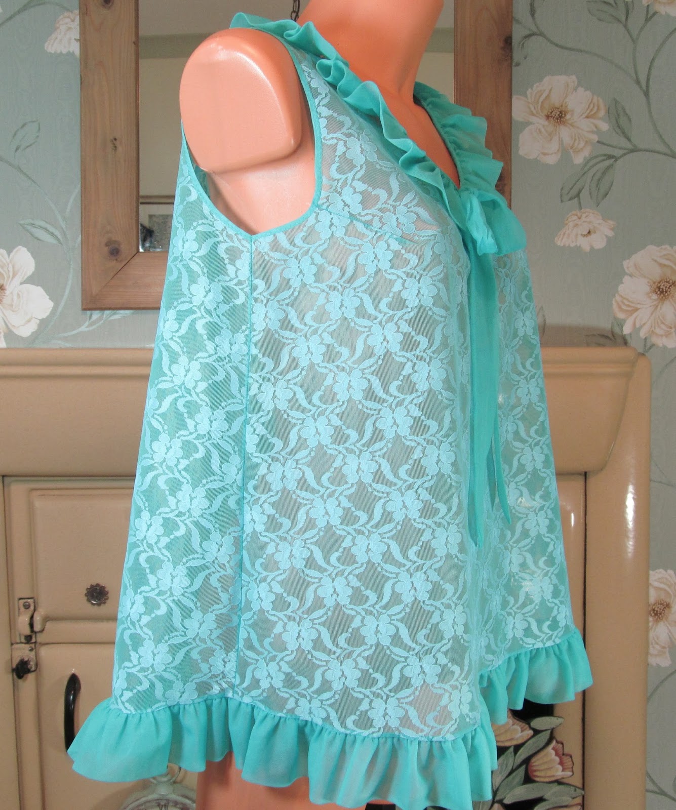 Vintage aqua blue all lace frilly sissy chiffon babydoll nightie gown ...
