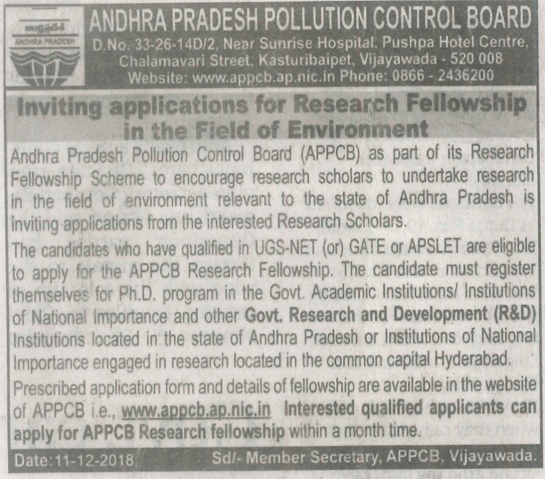 APPCB Recruits Research Scholars 2018 in the Environmental Research