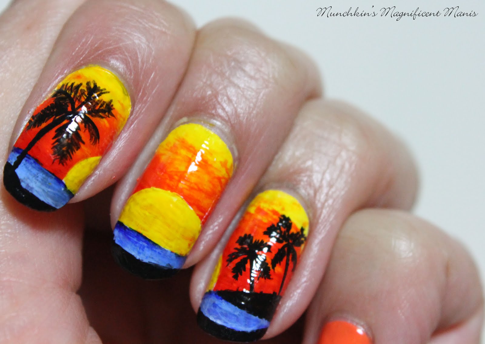 Munchkin’s Magnificent Manis: Fiery Sunset- Tropical Sunset Nail Design