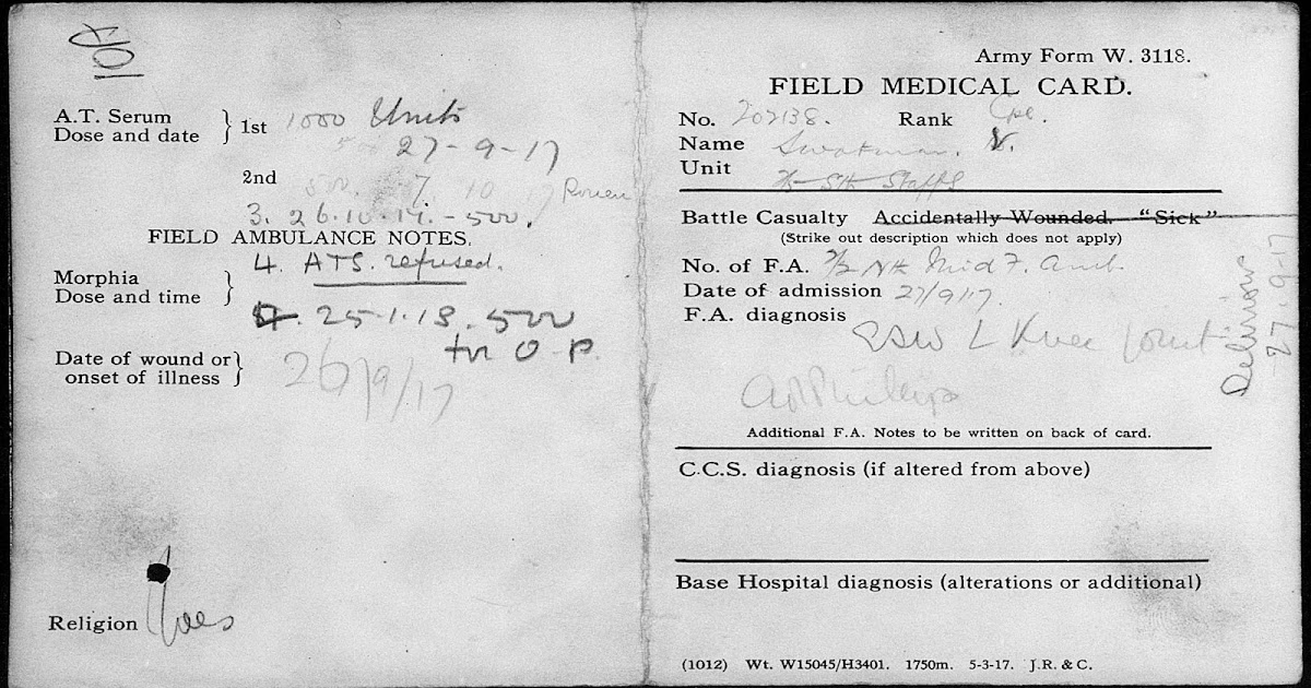 Army Forms & Attestations: Army Form W.3118 - Field Medical Card