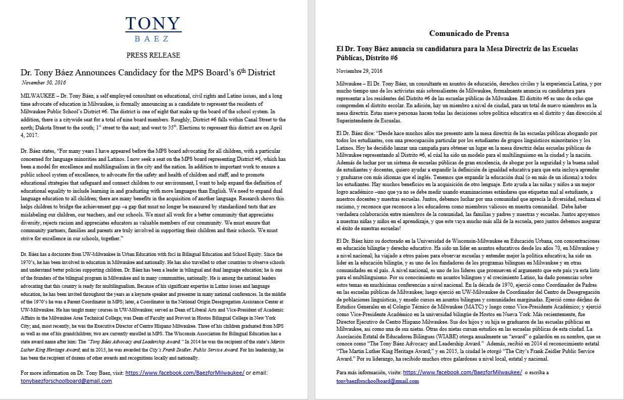 Tony Baez Announced Bid For Milwaukee Public School Board District 6th ...