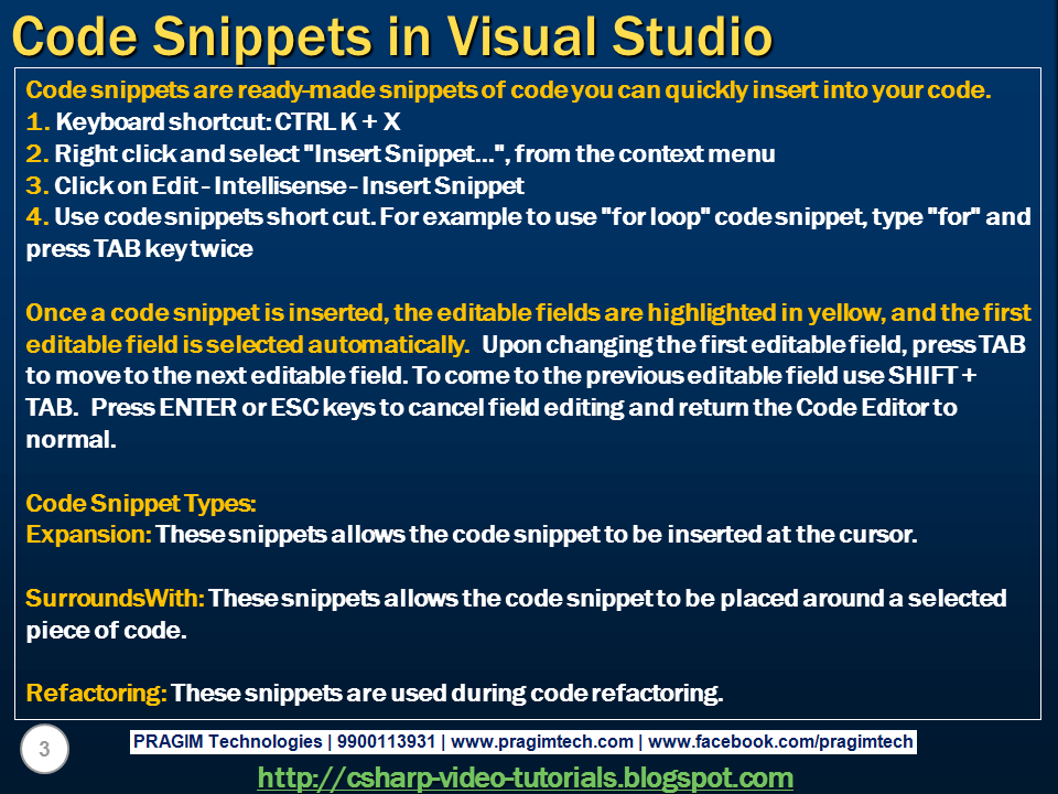 Sql server, .net and c# video tutorial: Part 71 - Code Snippets in ...