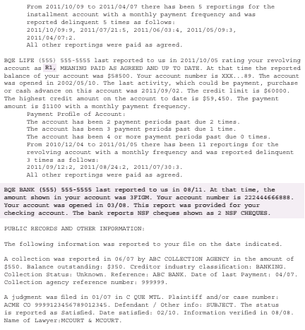 Canada Credit Score: Example Equifax Report