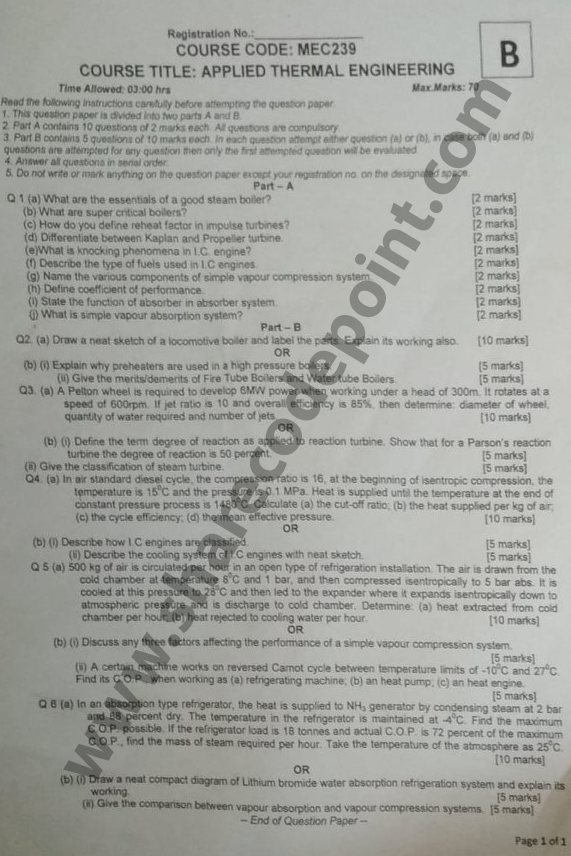 MEC239 : Applied Thermal Engineering End Term Exam Question Paper - MEC ...