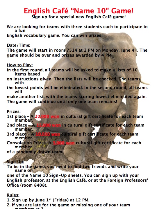 second year at dongseo: June 4 Name 10 Game