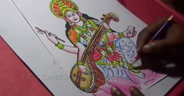 KIDS CARTOON DRAWINGS: How to Draw Goddess Saraswati devi Color Drawing
