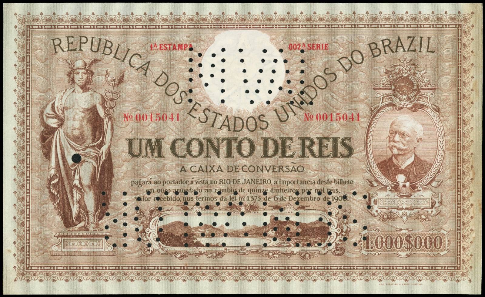 Brazil 1 Conto de Reis - 1000 Mil Reis banknote 1906 Caixa de Conversao ...