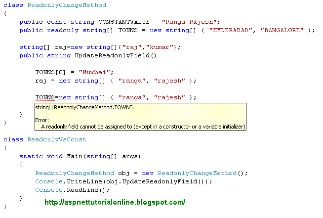Difference between const and readonly in c#.net - ASP.NET Examples