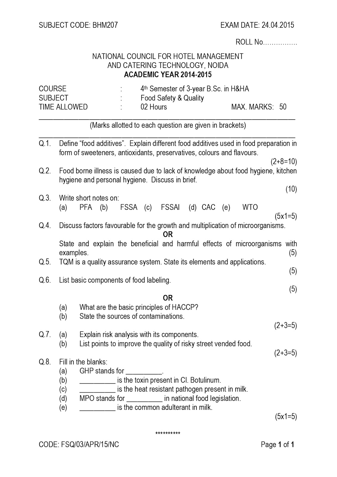 Food Safety & Quality Notes for IHM Students: 2019