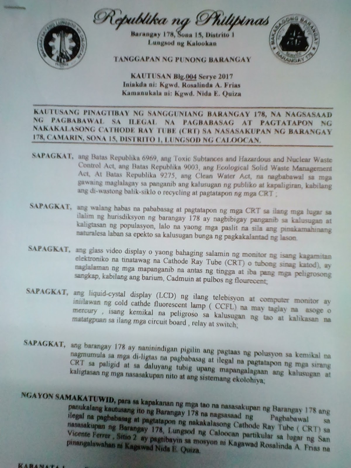 Caloocan City: Barangay 178 Ordinance on Toxic CRTs Gets Rousing ...