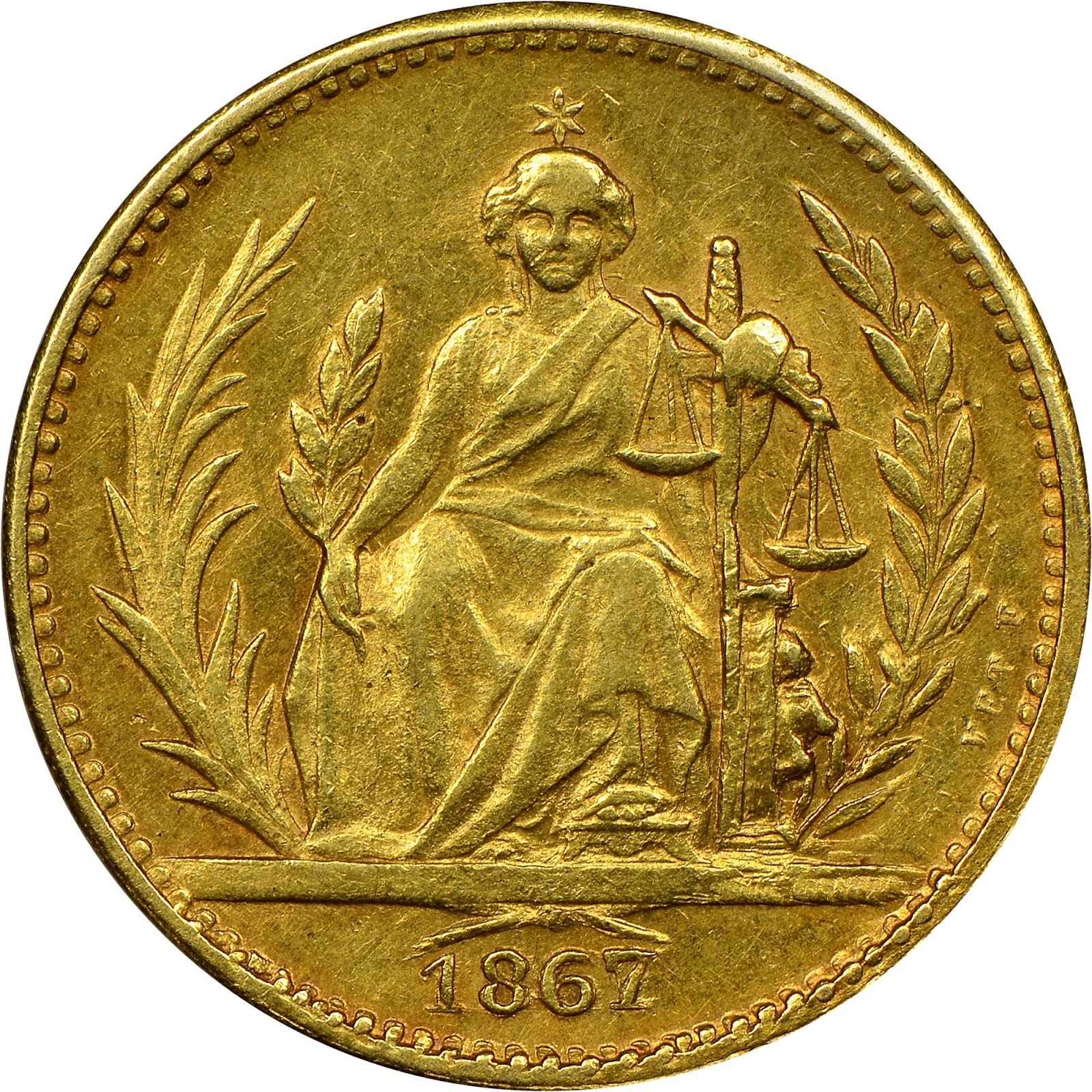 PRIMERA MONEDA DE ORO DEL PARAGUAY: 4 Pesos Fuertes 1867