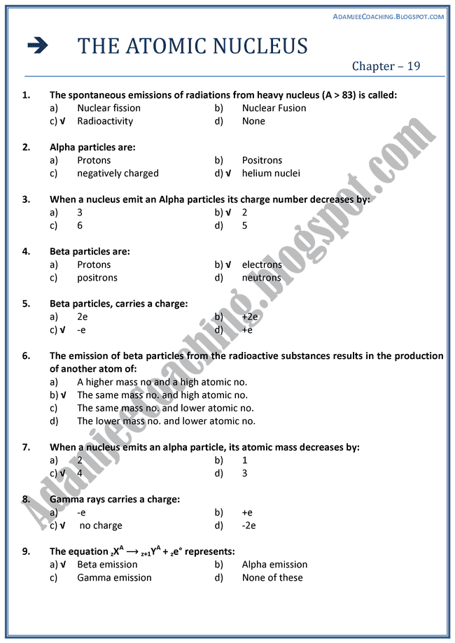 Adamjee Coaching: XII Physics MCQS - The Atomic Nucleus