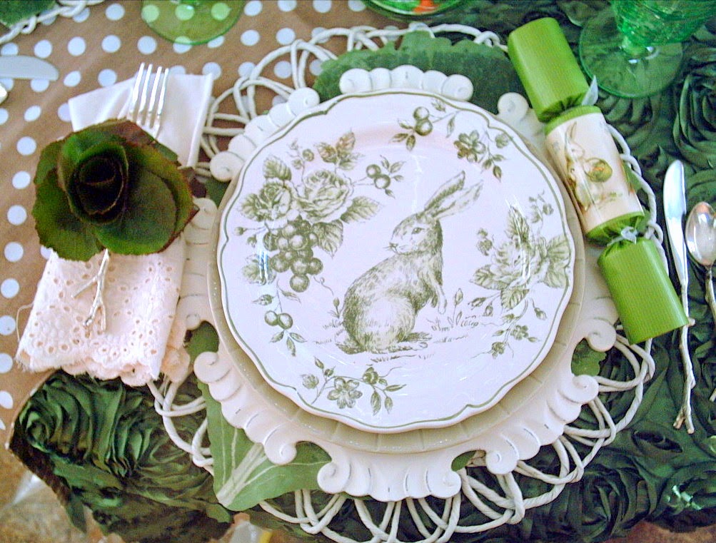 Candlelight Supper: Green Toile Bunny Tablescape & Rose Galax Leaf ...