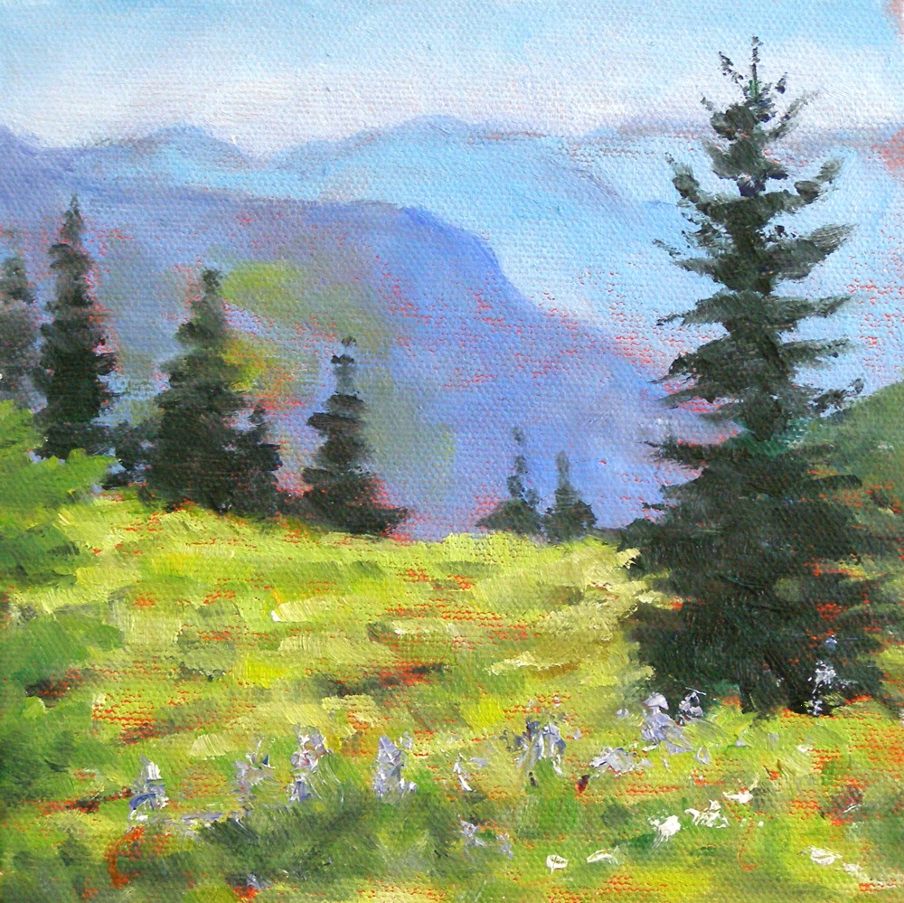 Carmen Beecher: Cascade Mountains, 6x6 Oil on Canvas Board