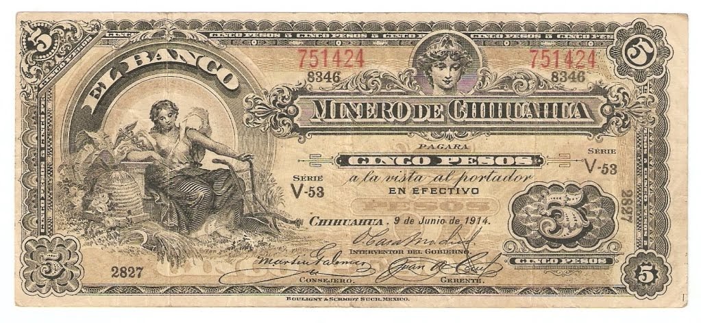 Mexican paper money 5 Pesos banknote of 1914 El Banco Minero de ...