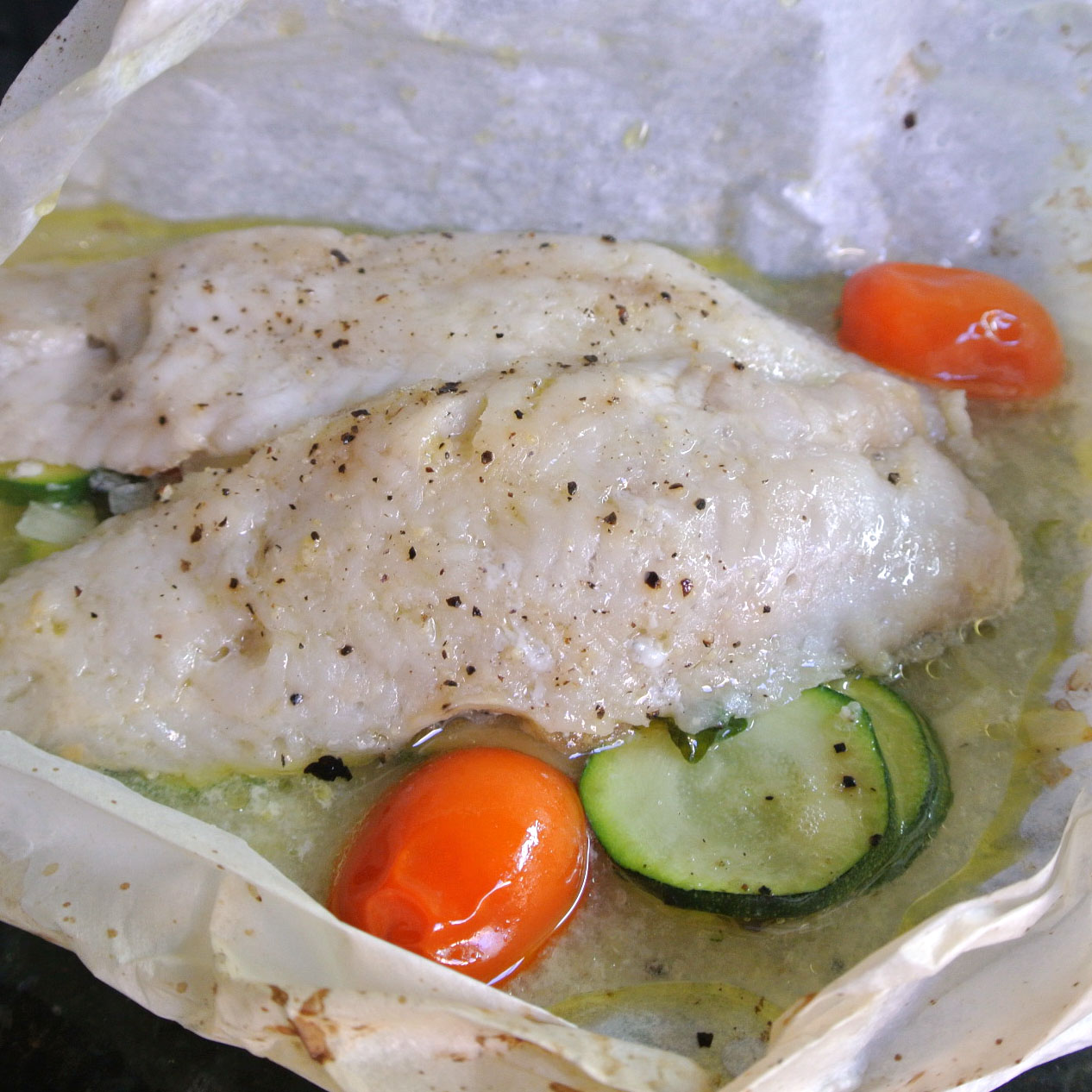 Mom, What's For Dinner?: Fish Fillets with Tomatoes, Squash, and Basil