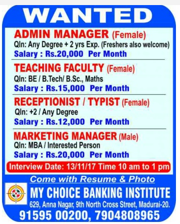 My Choice Banking Institute Madurai Wanted Admin Manager plus Teaching ...