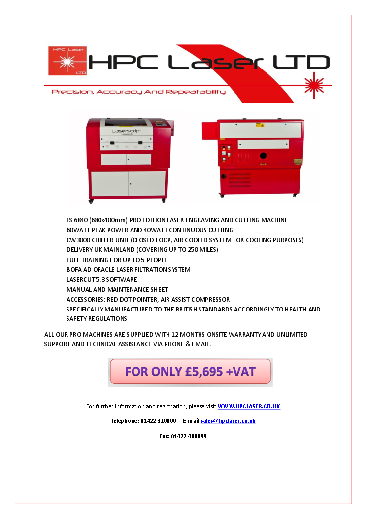 HPC Laser Ltd (Laserscript): LS6840 PRO EDITION LASER ENGRAVER AND CUTTER