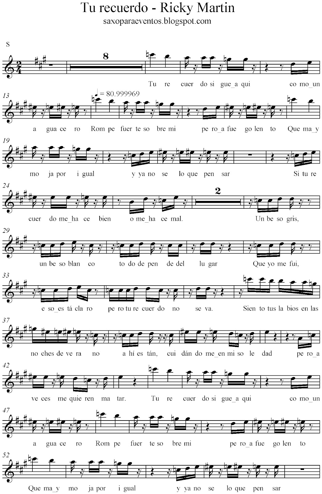 Partitura de Tu recuerdo - Ricky Martin - Partituras y pistas para saxo ...