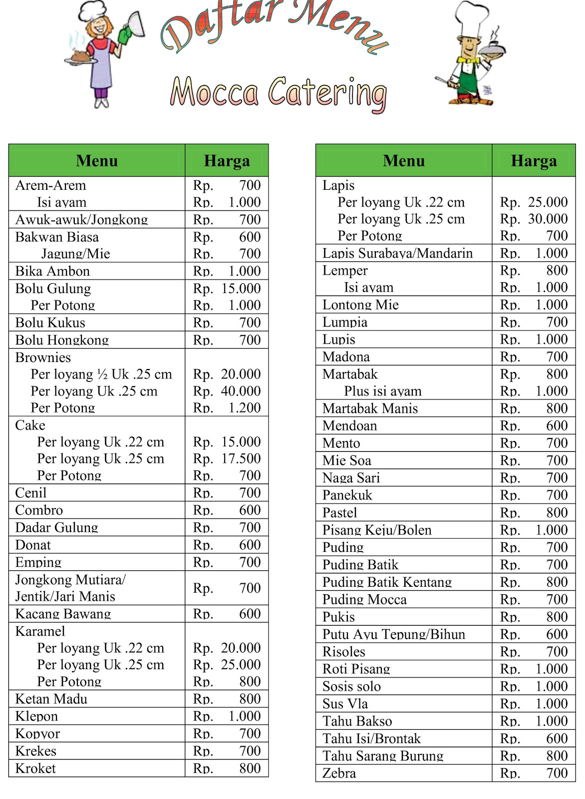 Mocca Catering: Daftar Menu