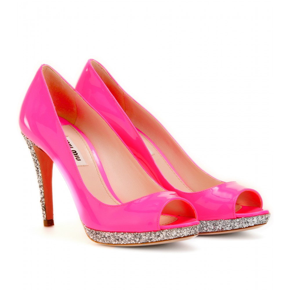 Womens&Girls Fashion Shoes: PINK BLACK PATENT LEATHER PEEP TOE HEELS